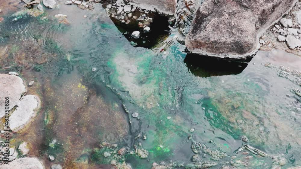 Close up 4K of clear and clean water flow stream in natural hot spring ...