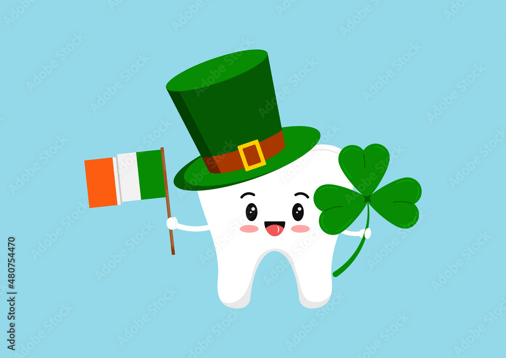 St Patrick tooth in leprechaun hat shamrock and flag lin hand. Dental ...
