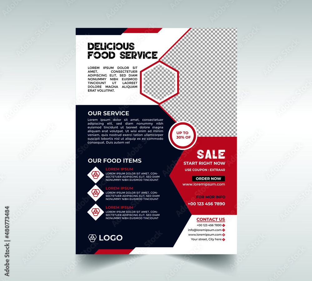 Delicious Food Service Restaurant flyer design template vector red and ...