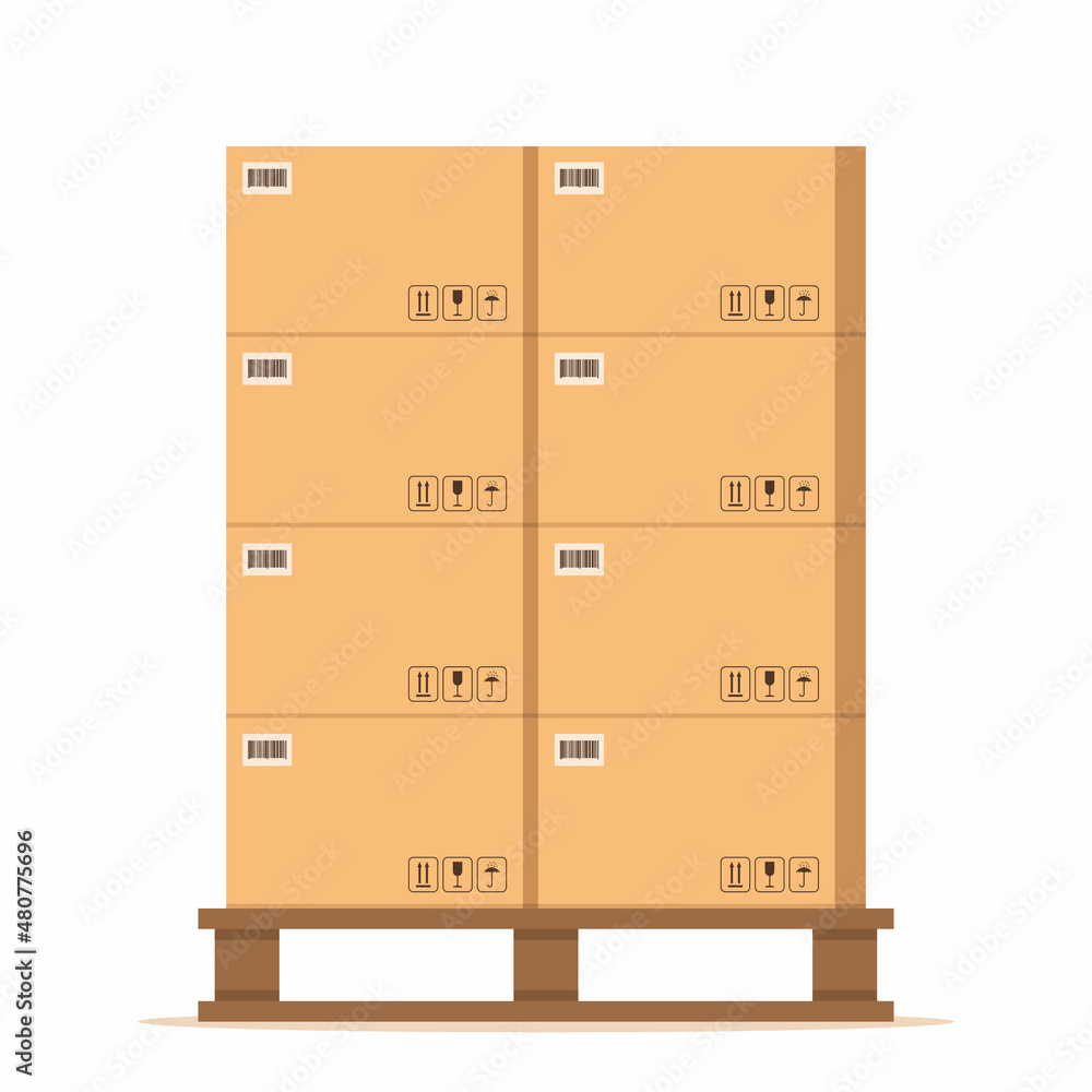 Boxes pallet. Beige cardboard closed box stack with fragile sign on ...