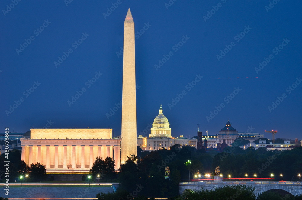 Washington D.C. skyline at night with Lincoln memorial and the monument ...