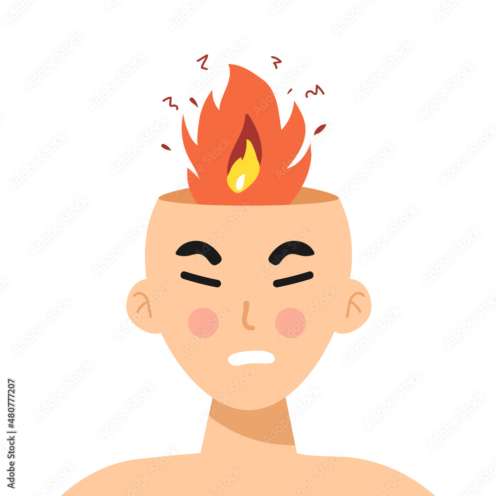 Angry man or woman. Head with fire Vector illustration of anger, fury ...