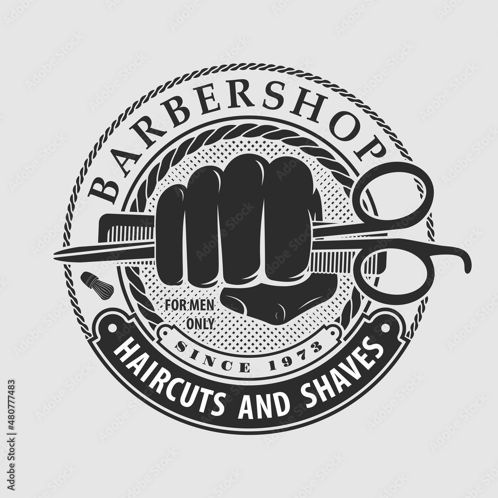 Barbershop logo, poster or banner design concept with hand holding ...