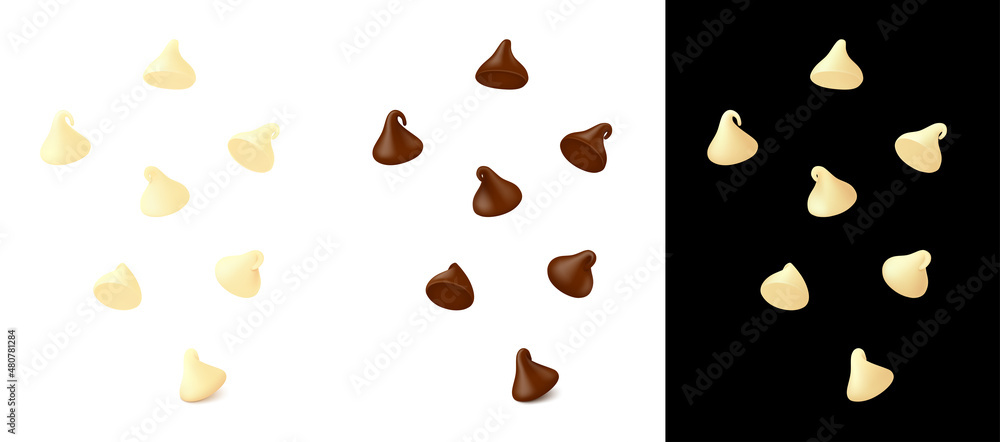 Falling down milk and white chocolate chips. Realistic vector ...
