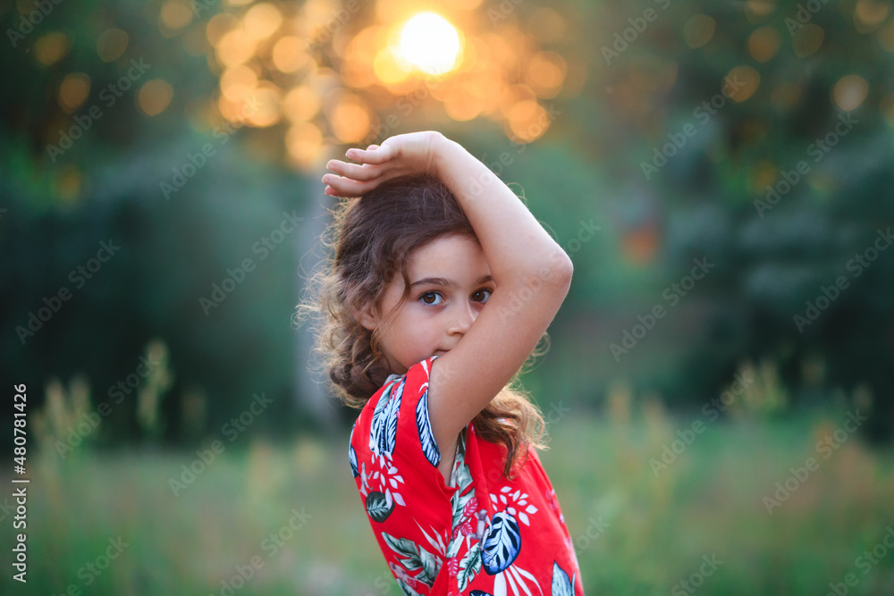 Portrait of Child playing on outdoor playground. Healthy summer ...