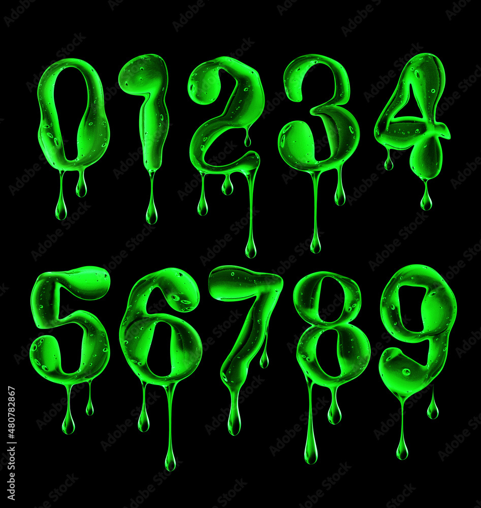 Numbers with drops are made of green luminous viscous liquid on black ...