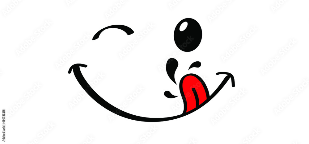 Cartoon yummy smile face with tongue and lick. Food logo. Funny vector ...
