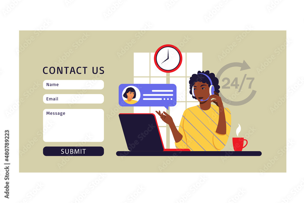 Customer service concept. Contact us. African woman with headphones and ...