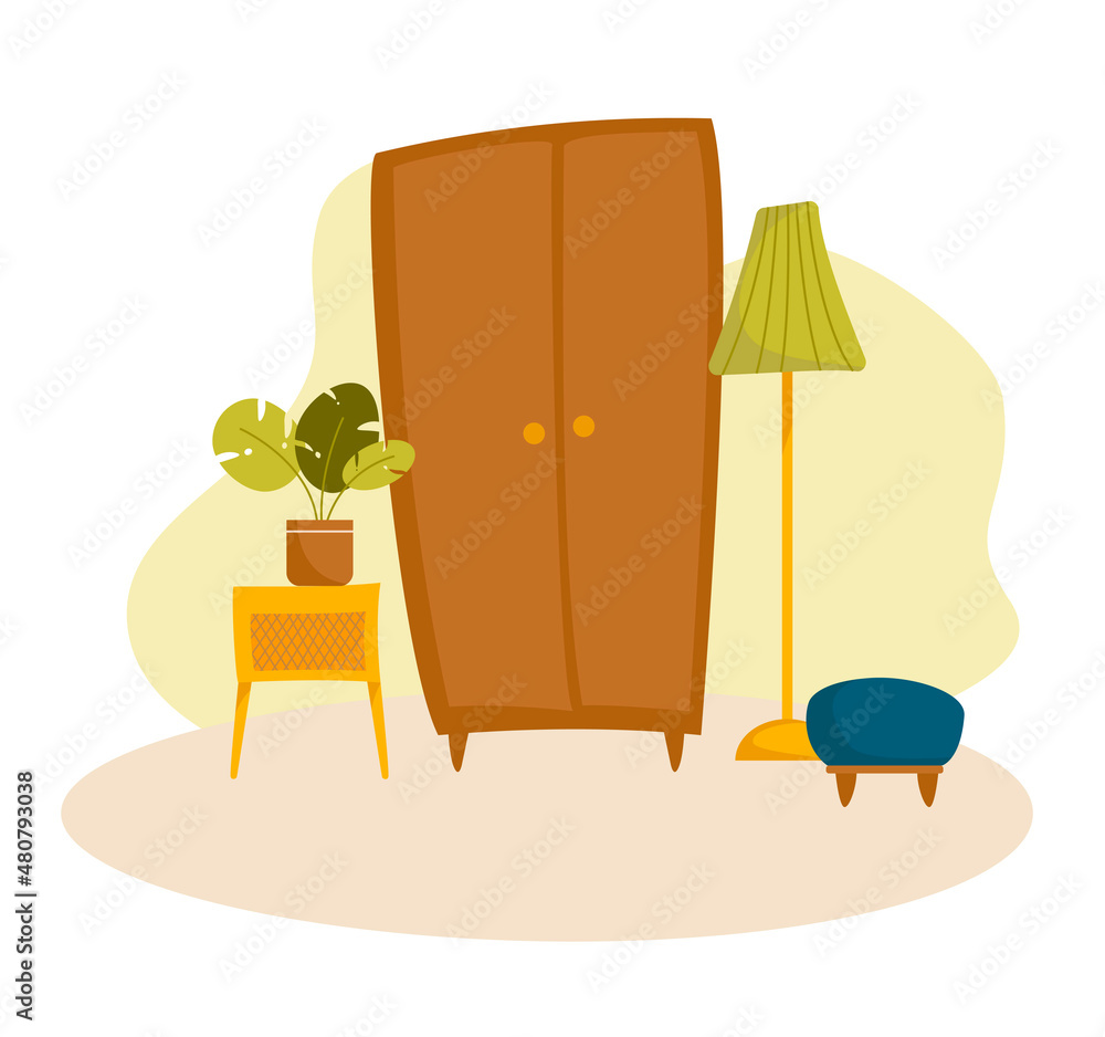 Simple interior illustration with wardrobe, floor lamp, bedside table ...