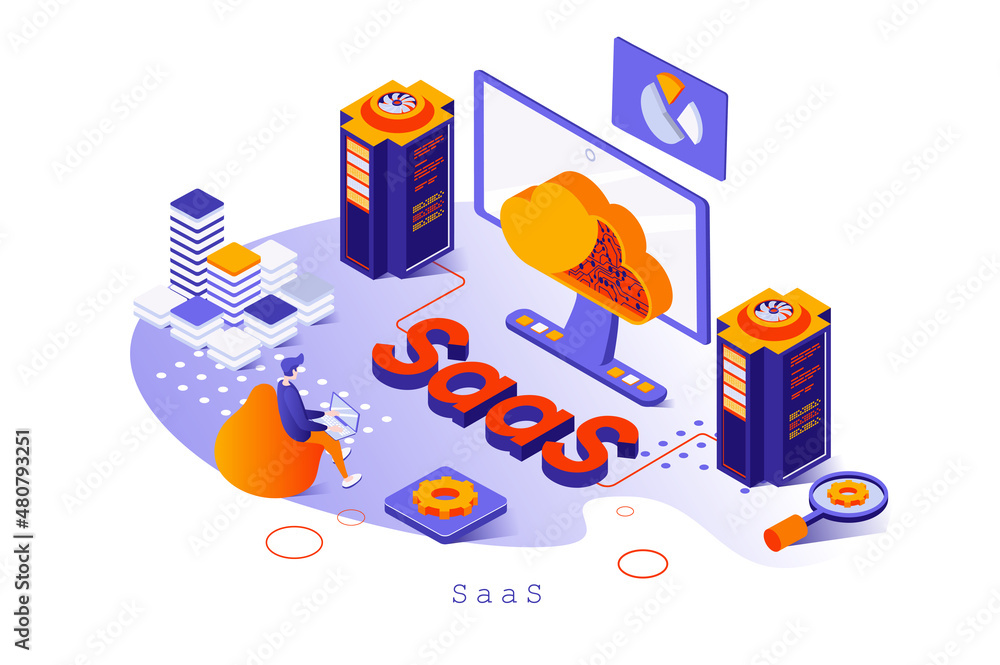 SaaS concept in 3d isometric design. Users subscribe to software and ...