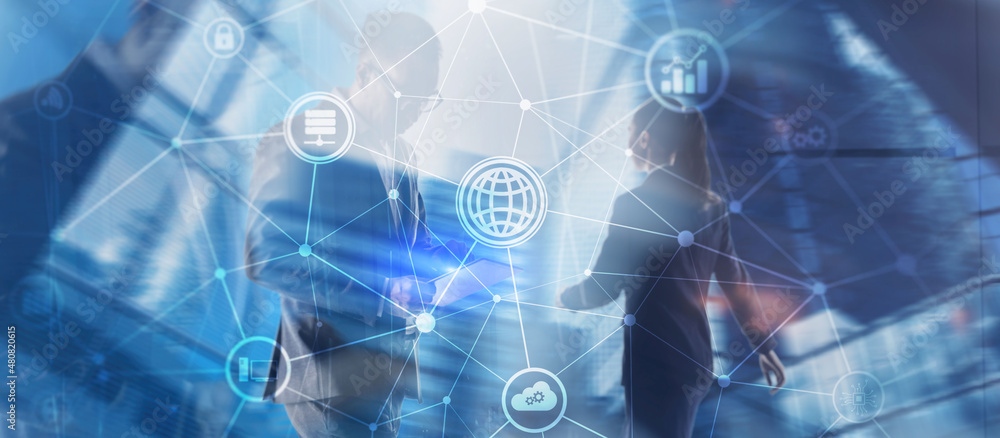 Communications project. Graphics on the background of office workers ...