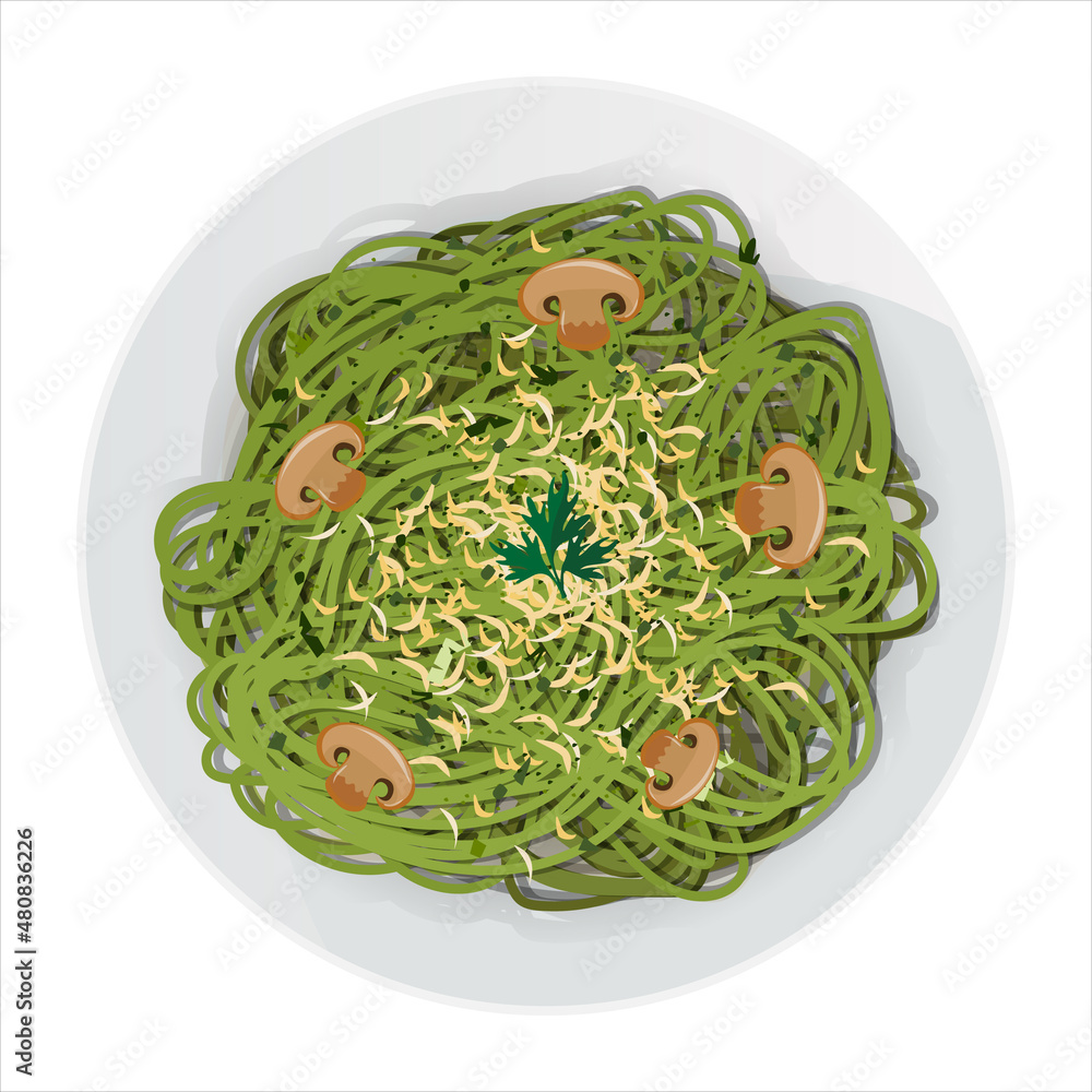 Long green pasta with mushrooms, cheese and parsley in plate isolated ...