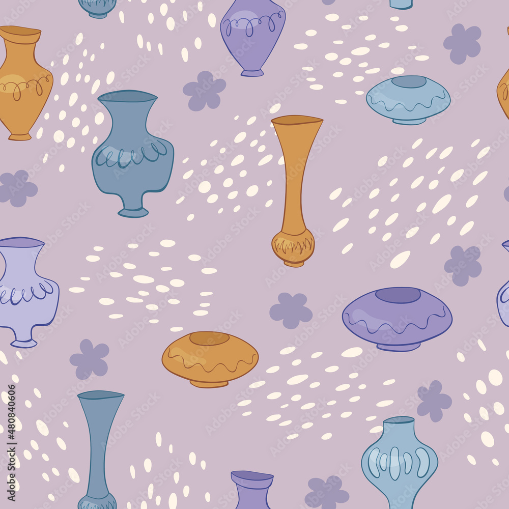 Seamless pattern with vases on a soft lilac background. Elegant flower ...