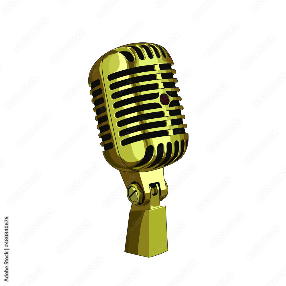 Vintage golden retro michrophone realistic. Old school hanging mic vector illustration. Classic ...