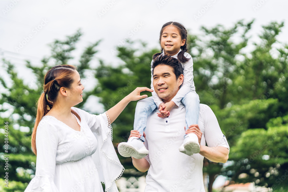 Portrait of enjoy happy love asian family father and mother holding hug ...