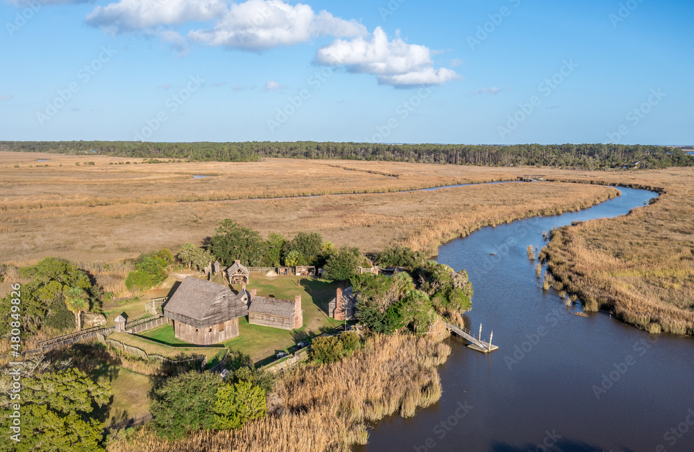 Aerial view of Fort King George historic site, oldest English fort on ...