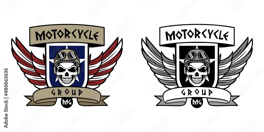 Motorcycle group logo with human skull head design illustration vector ...