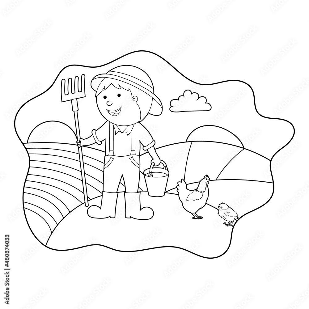 coloring book. illustration of a farmer in a field, vector isolated on ...