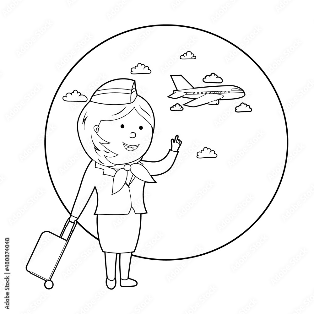 coloring book. cartoon illustration of a flight attendant and an ...