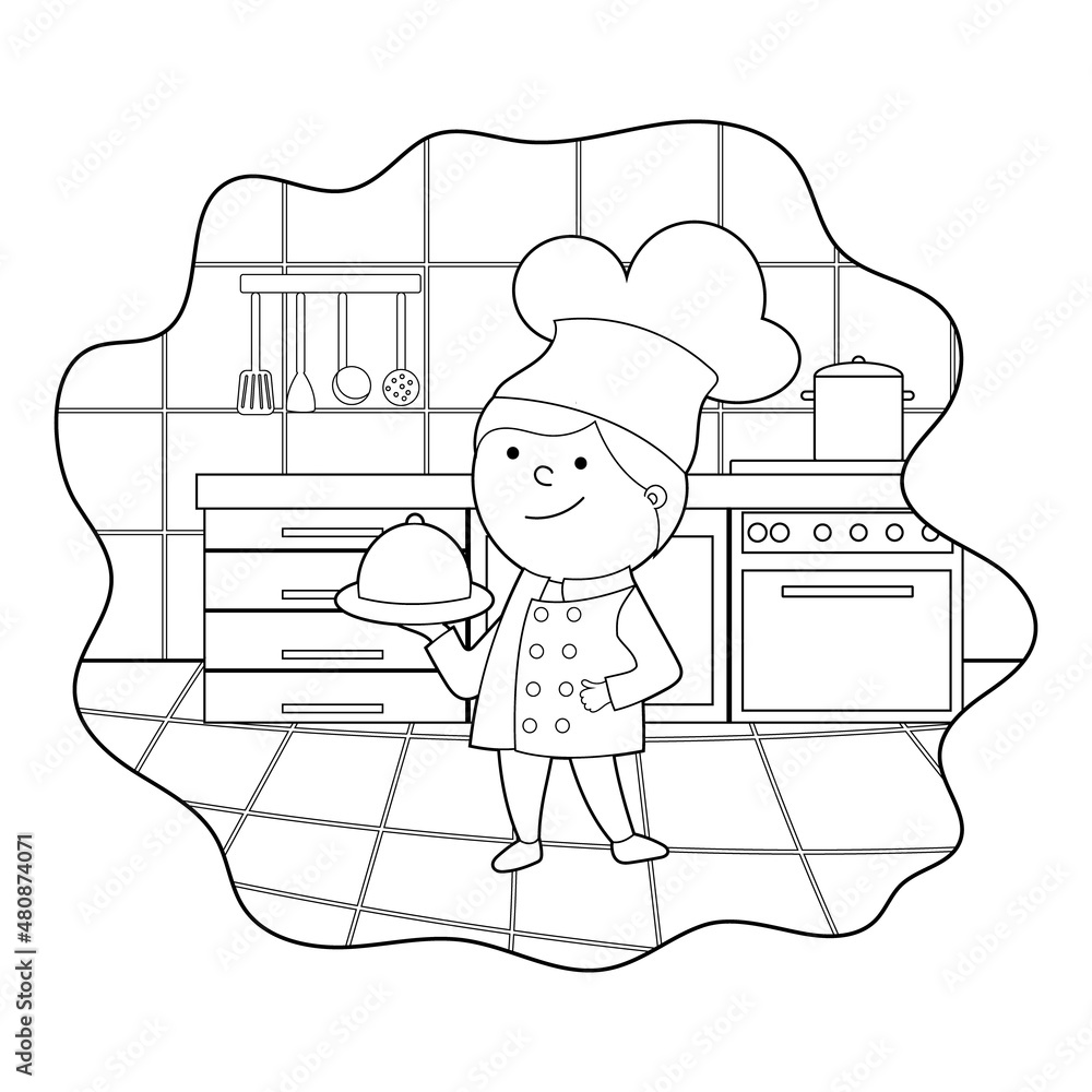 coloring book. cartoon illustration of a cook in the kitchen, vector ...