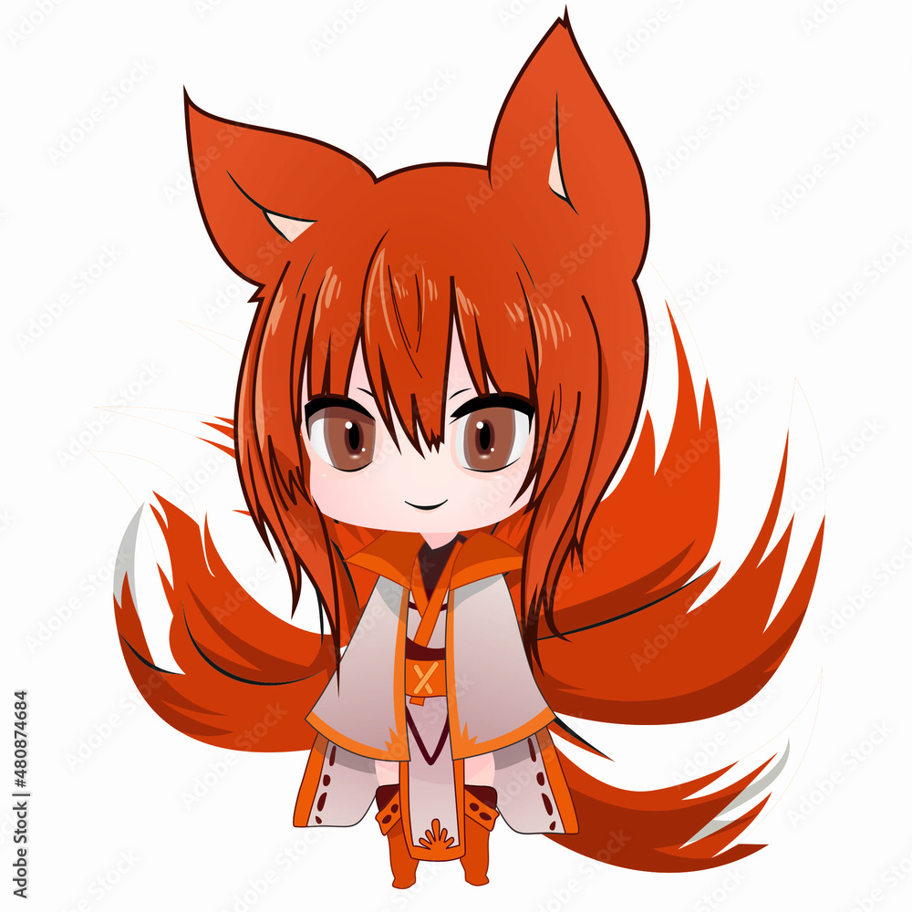 anime chibi girl red fox with nine tails Stock Illustration | Adobe Stock