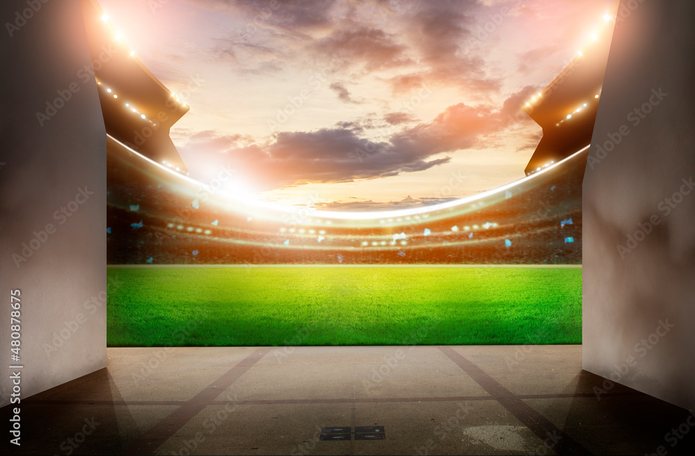 entrance to illuminated football stadium , football stadium sport theme ...