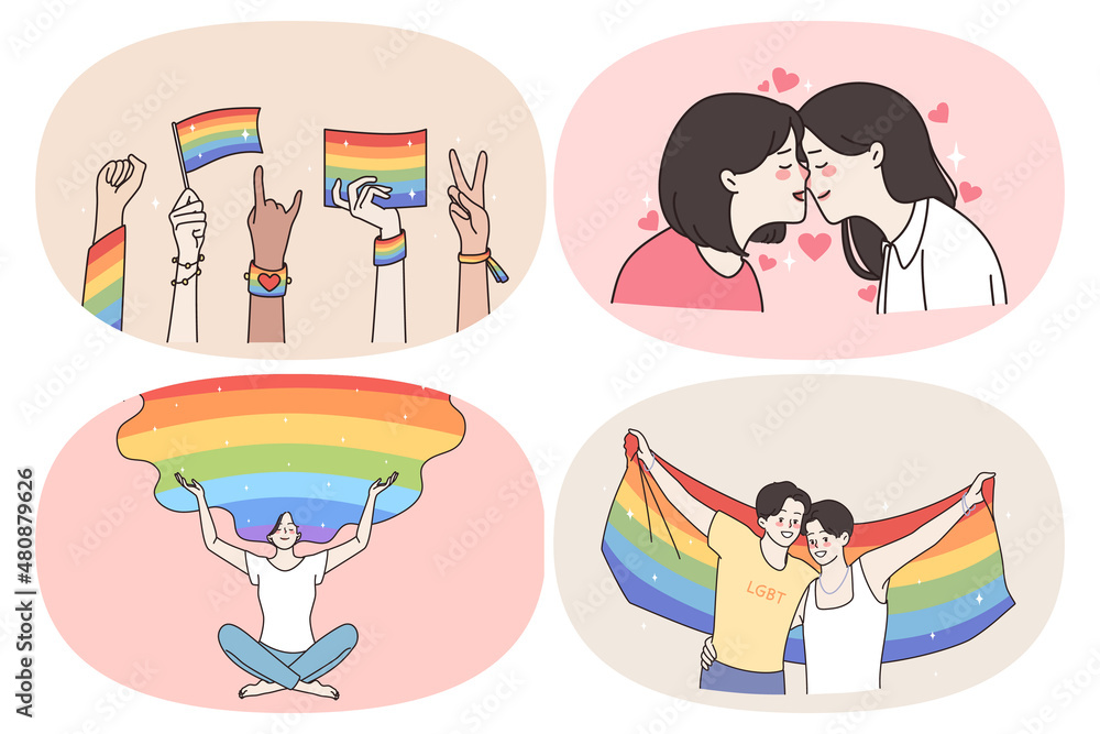 Lgbt rights and relationships concept. Set of young positive women ...