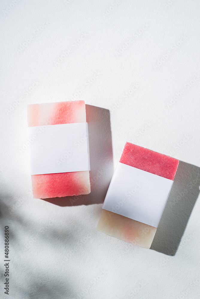 Two bars of homemade soap with labels on a white background. Mockup for ...