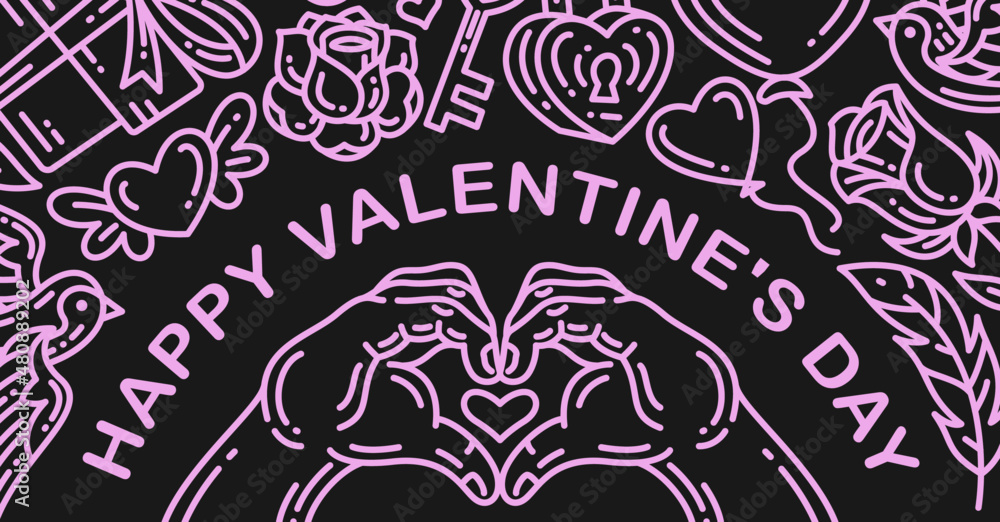 line art or One Line Drawing of hand symbols love. happy valentines day ...