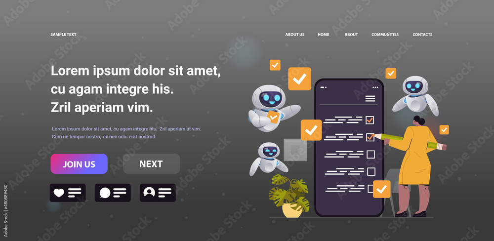 businesswoman with robots marking complete tasks on checklist in mobile ...