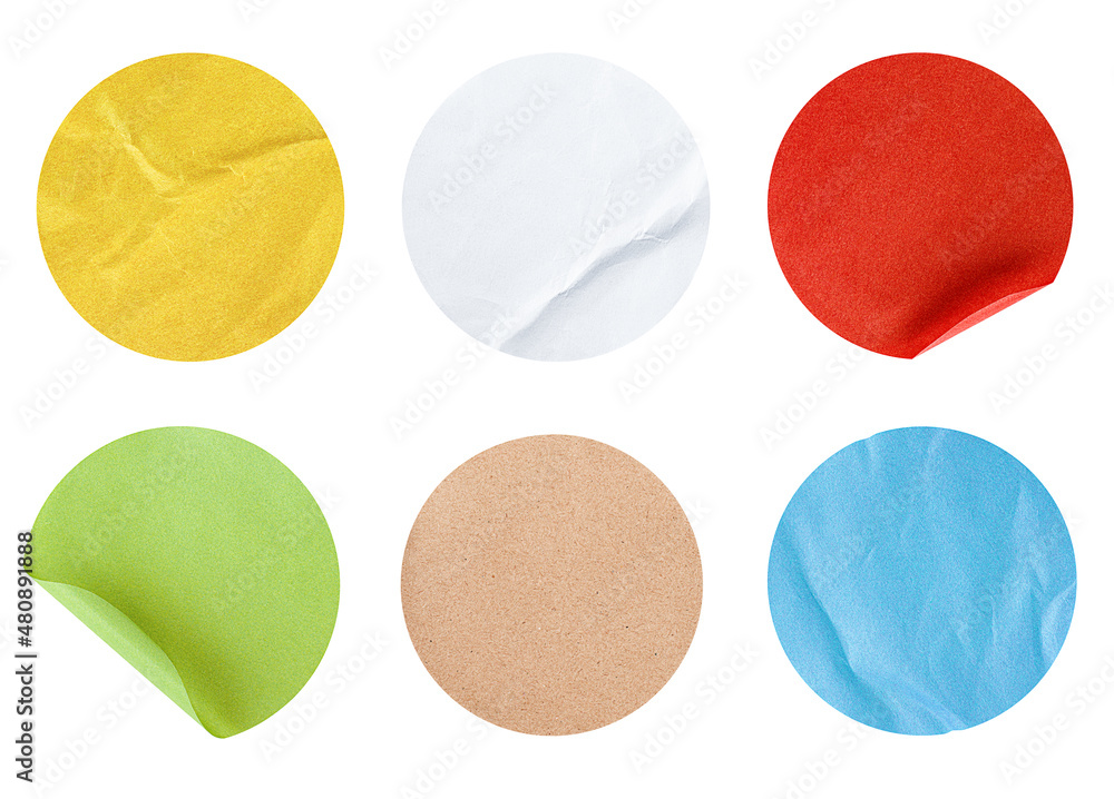 six round multi-colored stickers on a white isolated background Stock ...