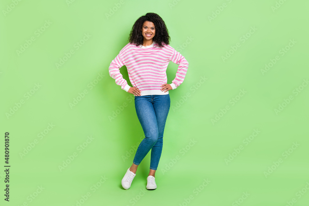 Full length body size view of attractive cheerful girl posing hands on ...