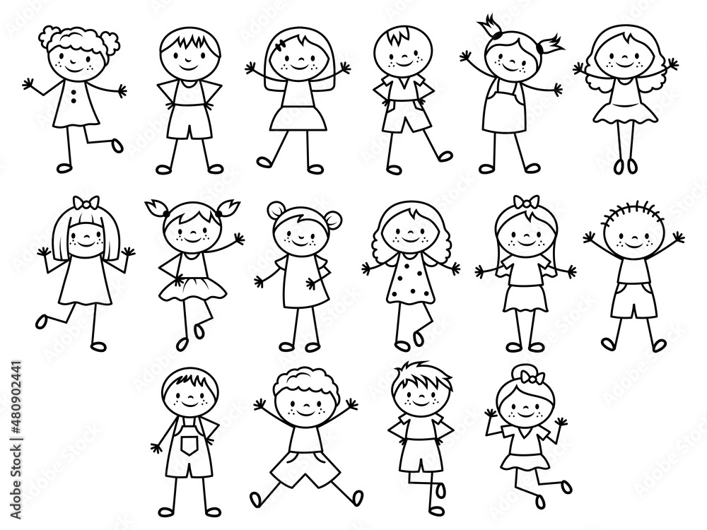 Set of doodle kids figures. Collection of happy cartoon children's ...