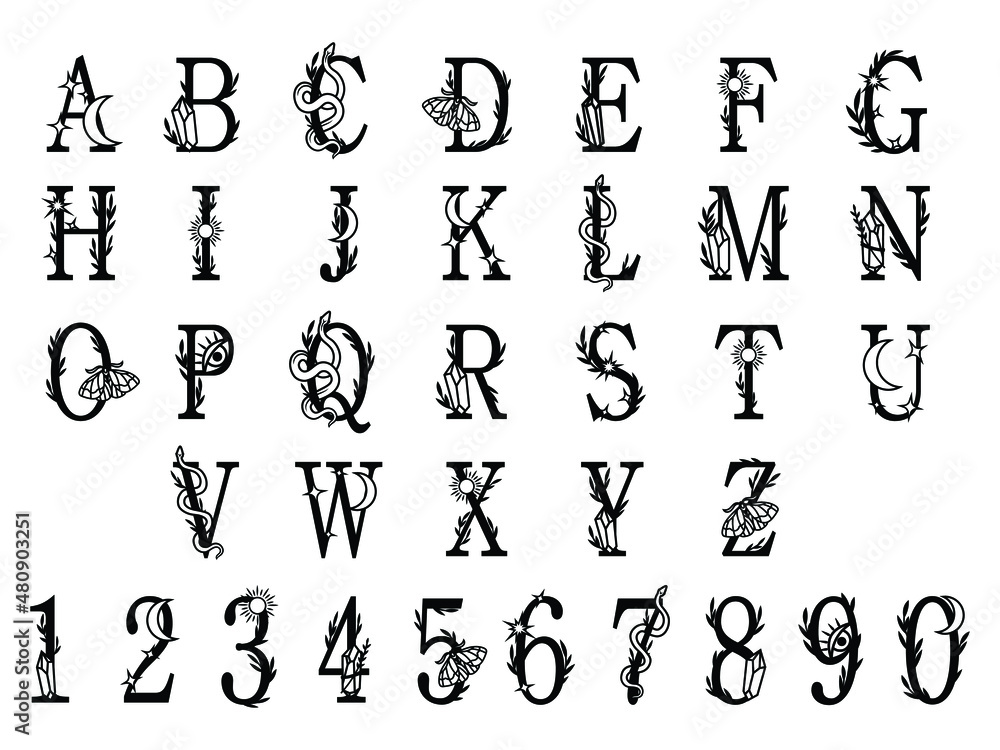 Set of mystical alphabet. Collection of witchcraft font with snake ...
