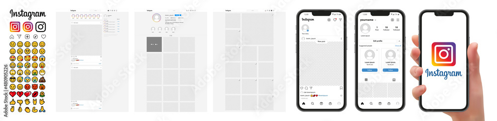 Instagram, social network, Web page and mobile App interface mockup ...