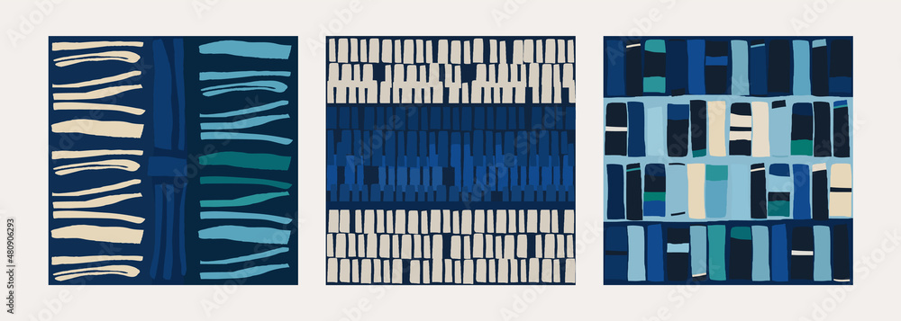 Minimalist trendy abstract print set in blue tones. Line and shapes art ...