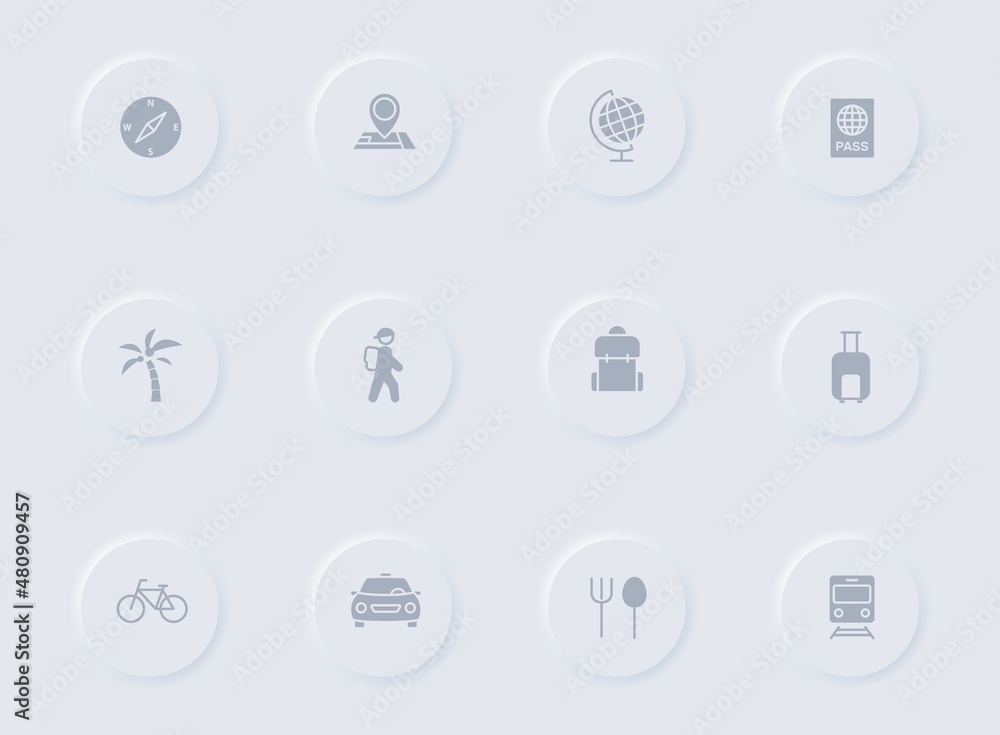 travel gray vector icons on round rubber buttons. travel icon set for ...