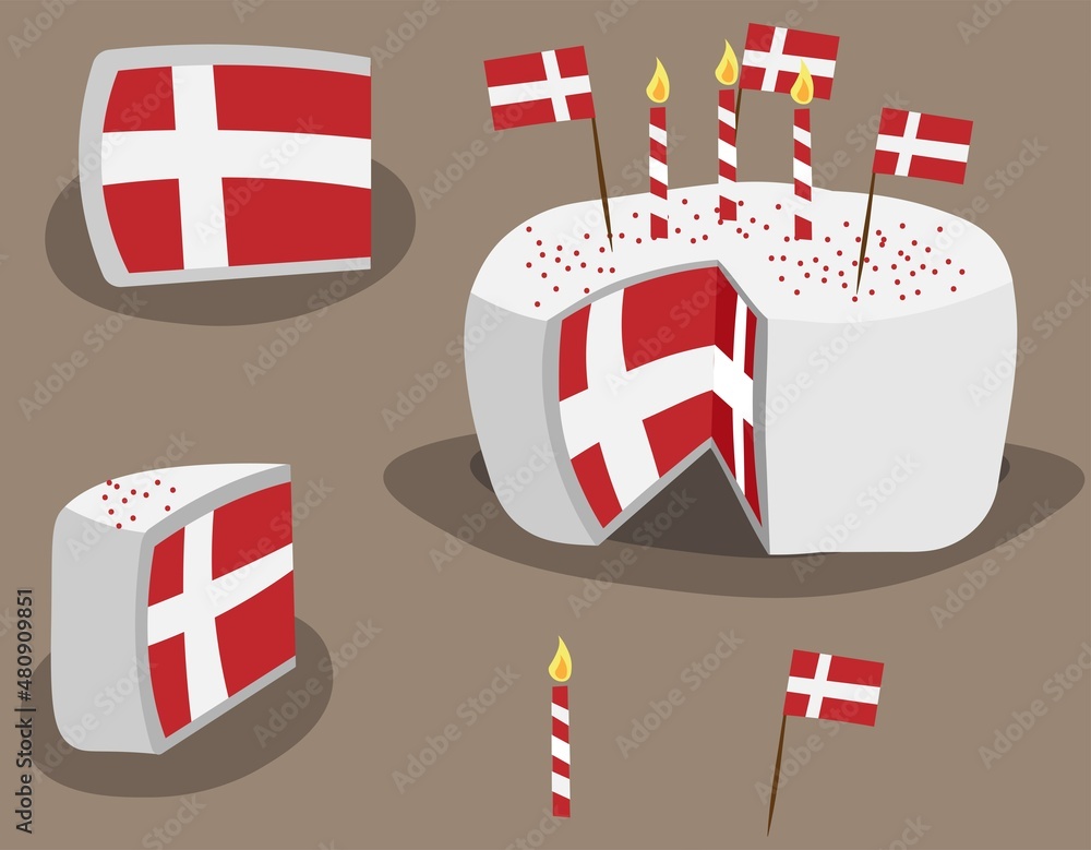 Danish flag cake vector illustration icon set. Dannebrog, flagkage ...