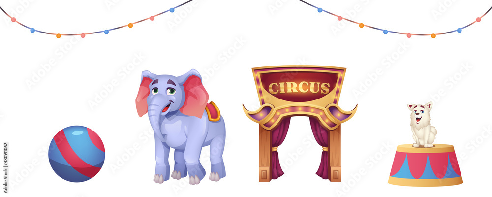 Cartoon set of circus elements with animals and entrance to cirque ...