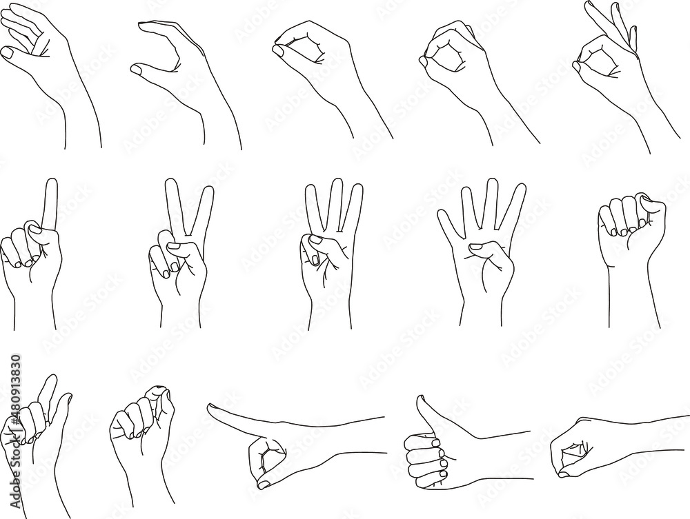 Hand vector outline illustration, Hands vector line icons set. Hand gestures, signals. Stock ...