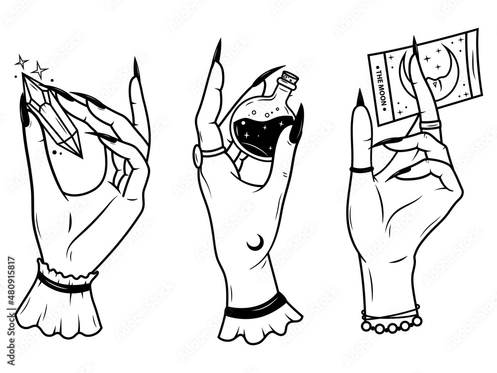 Set of witch's hands. Collection of female magic hands with tarot card ...