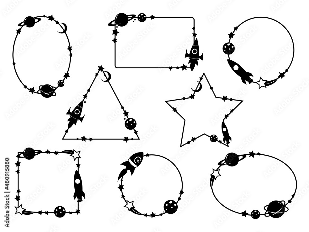Set of space frames. Collection of various border space elements rocket ...