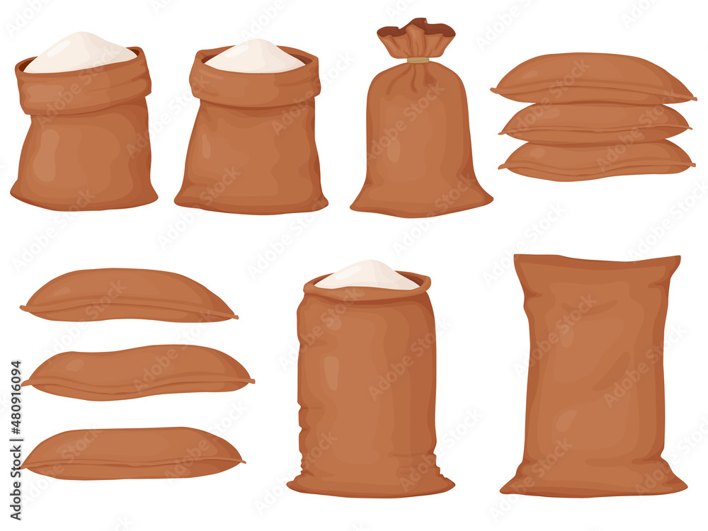 Bags flour set. Heap of flour. Natural farming food in cartoon style ...