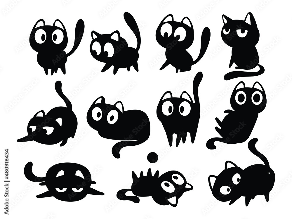 Set of black cats. Collection of silhouette of funny cats in different ...