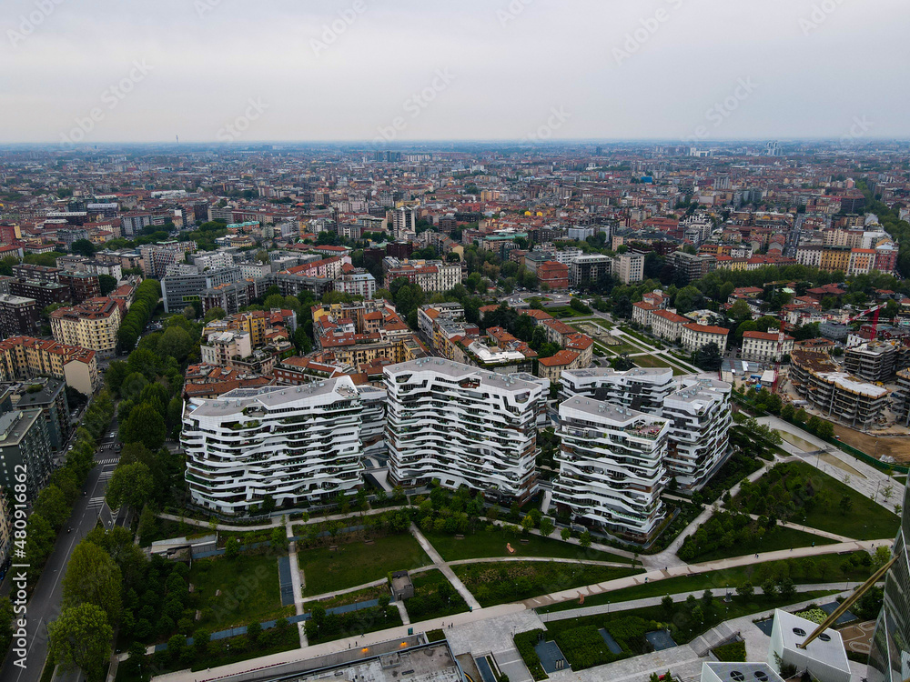 Aerial view of City Life Milano, Three Towers, bird view of "Il Dritto ...