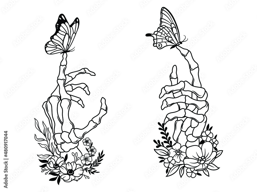 Set of human skeleton hand with flowers. Collection of finger bones ...