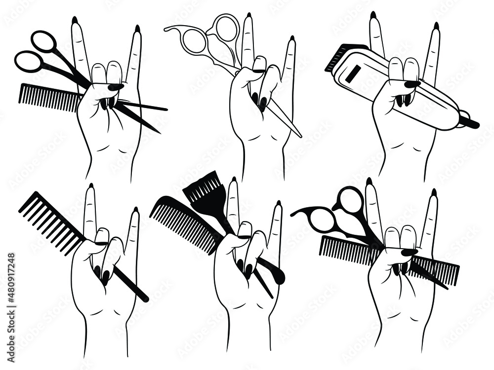 Set of female hand with hairdressing tools. Collection of stylists hand ...