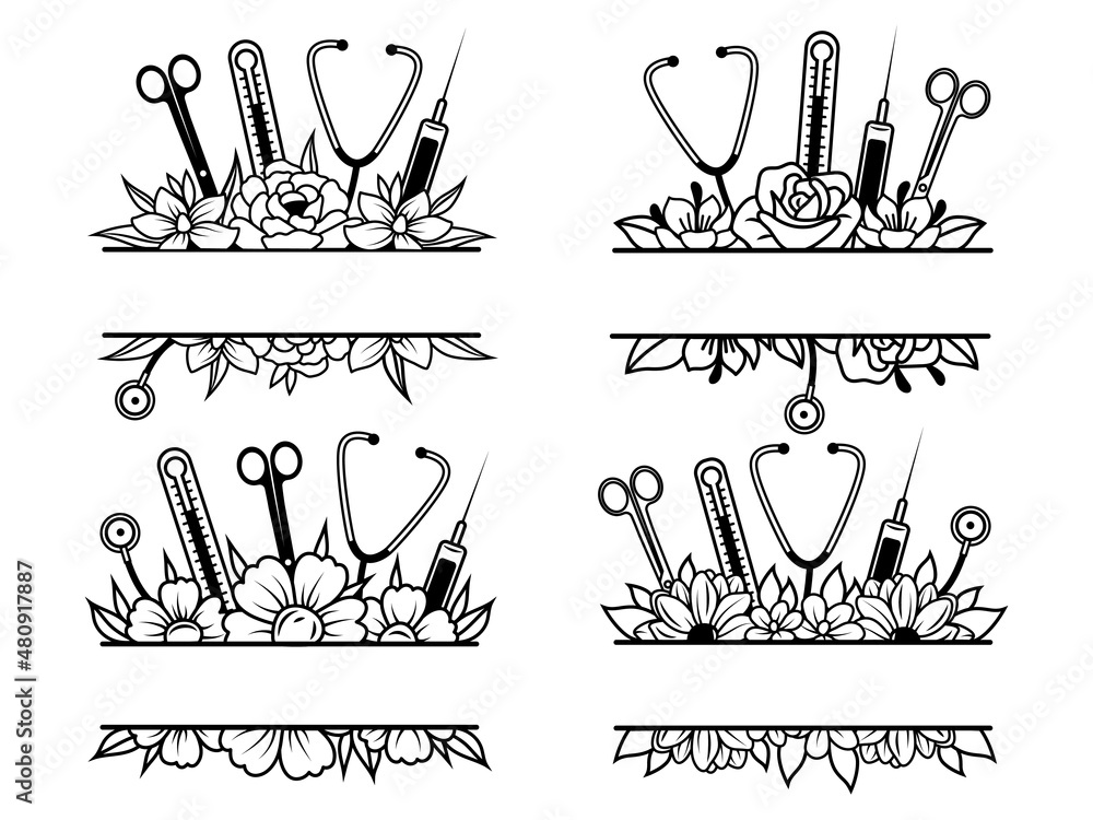 Set of nursing monogram frame. Collection of flower medical split ...