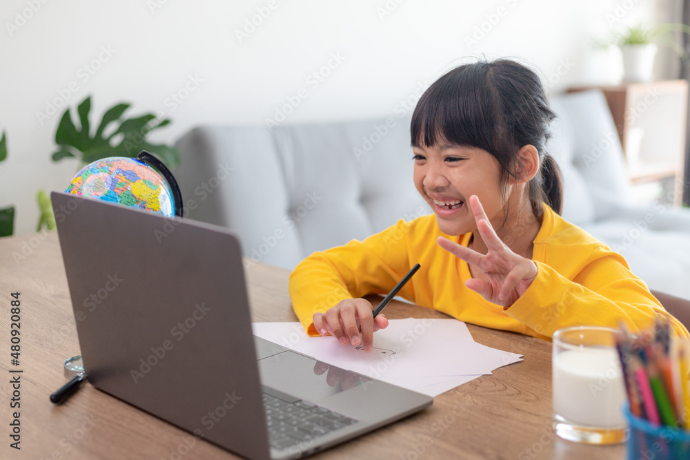 Asian girl student online learning class study online video call zoom ...