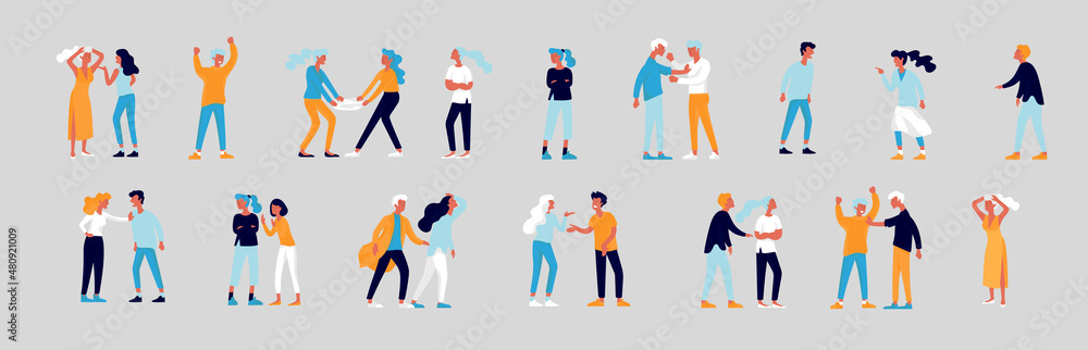 Vector people in bad emotions, character in conflict, angry or tired ...
